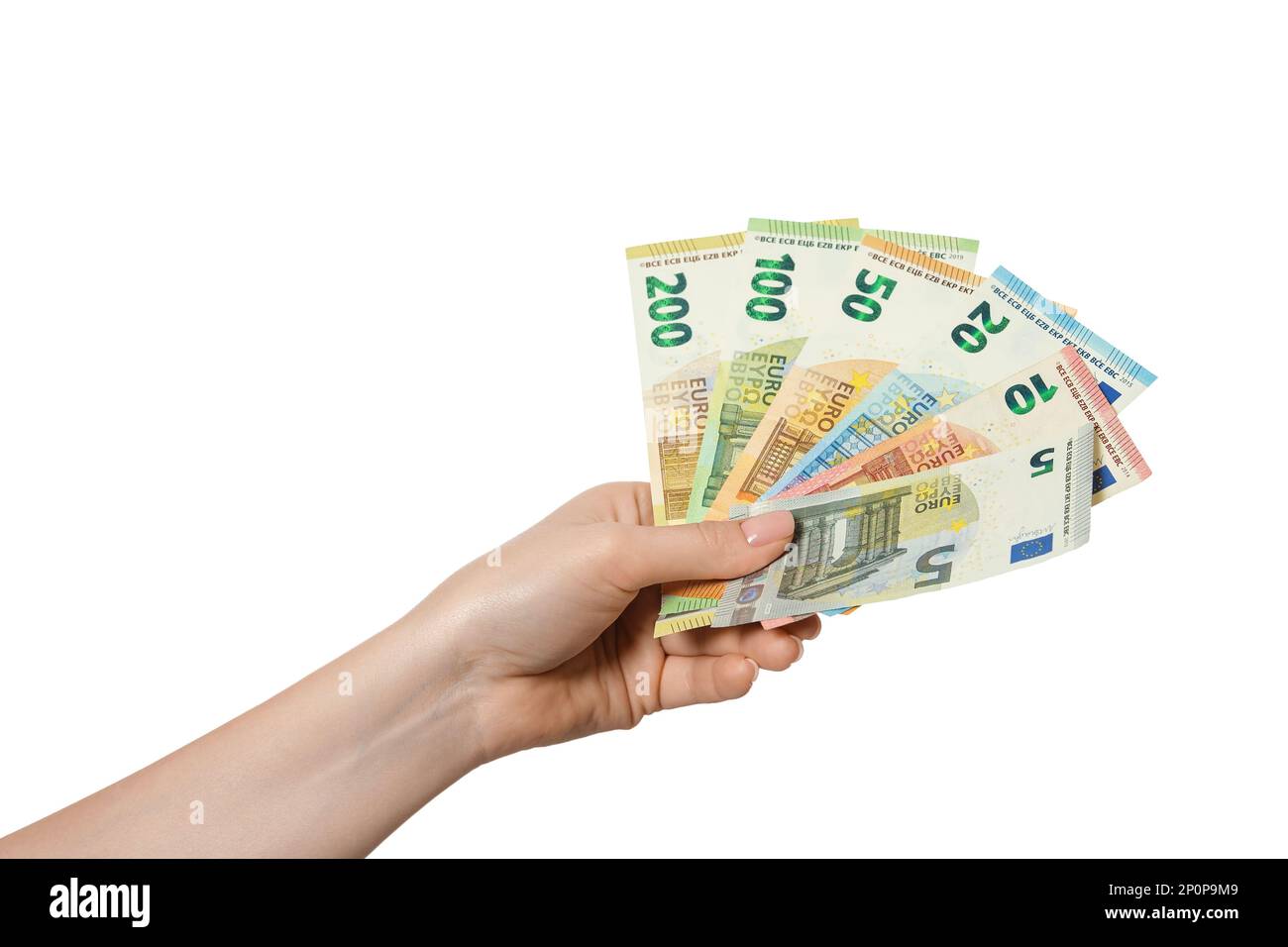 Banknote of 200, 100, 50, 20, 10, 5 euros in a female hand, isolate ...