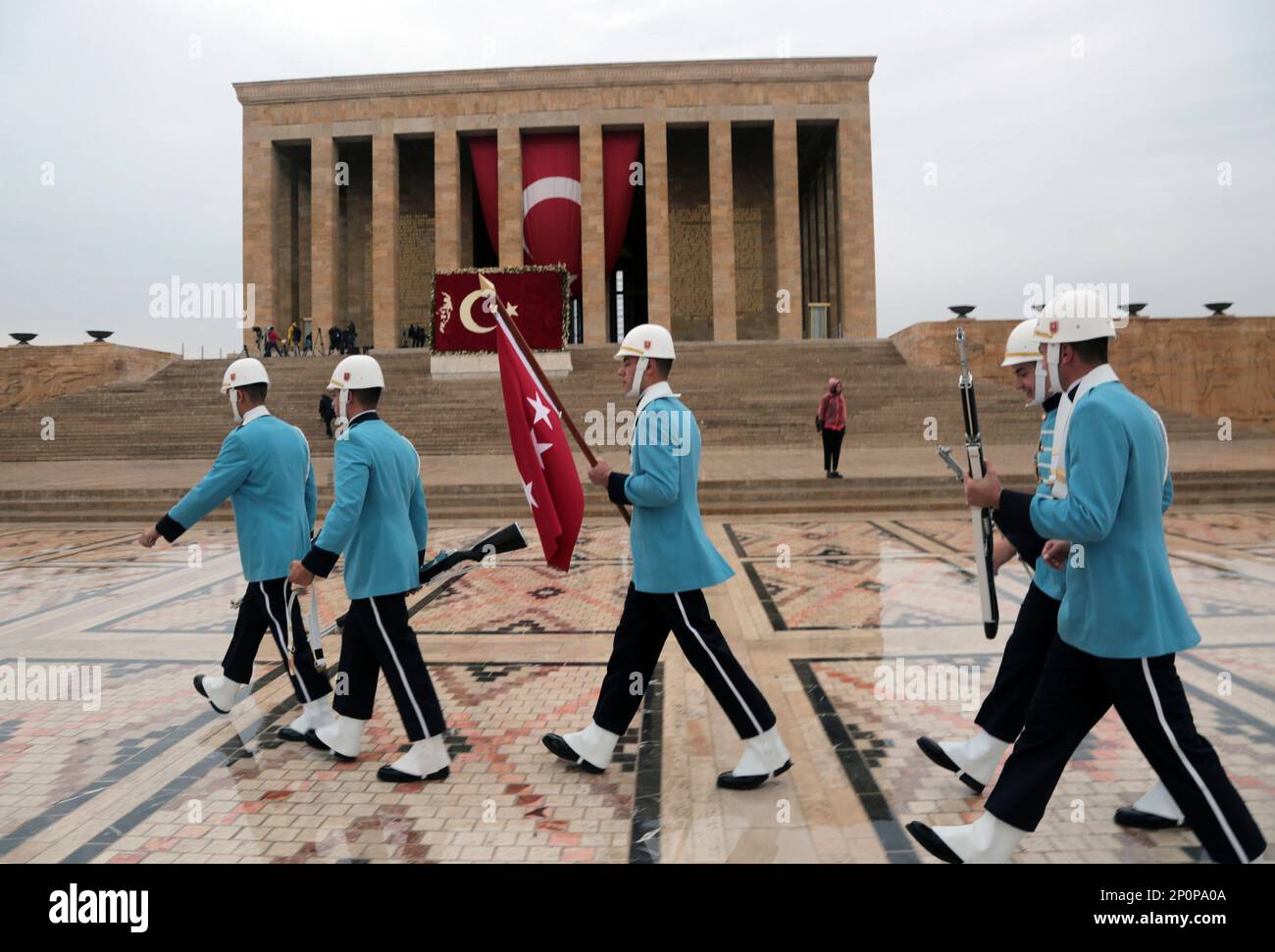 Turkish honour guard arrive for a ceremony at the mausoleum of Turkey's ...