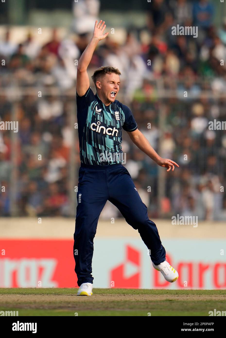 England's Sam Curran celebrates the dismissal of Bangladesh's Mushfiqur ...