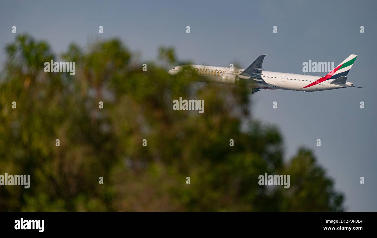Emirates flight EK125, a Boeing 777 A6-ENO aircraft, takes off from ...