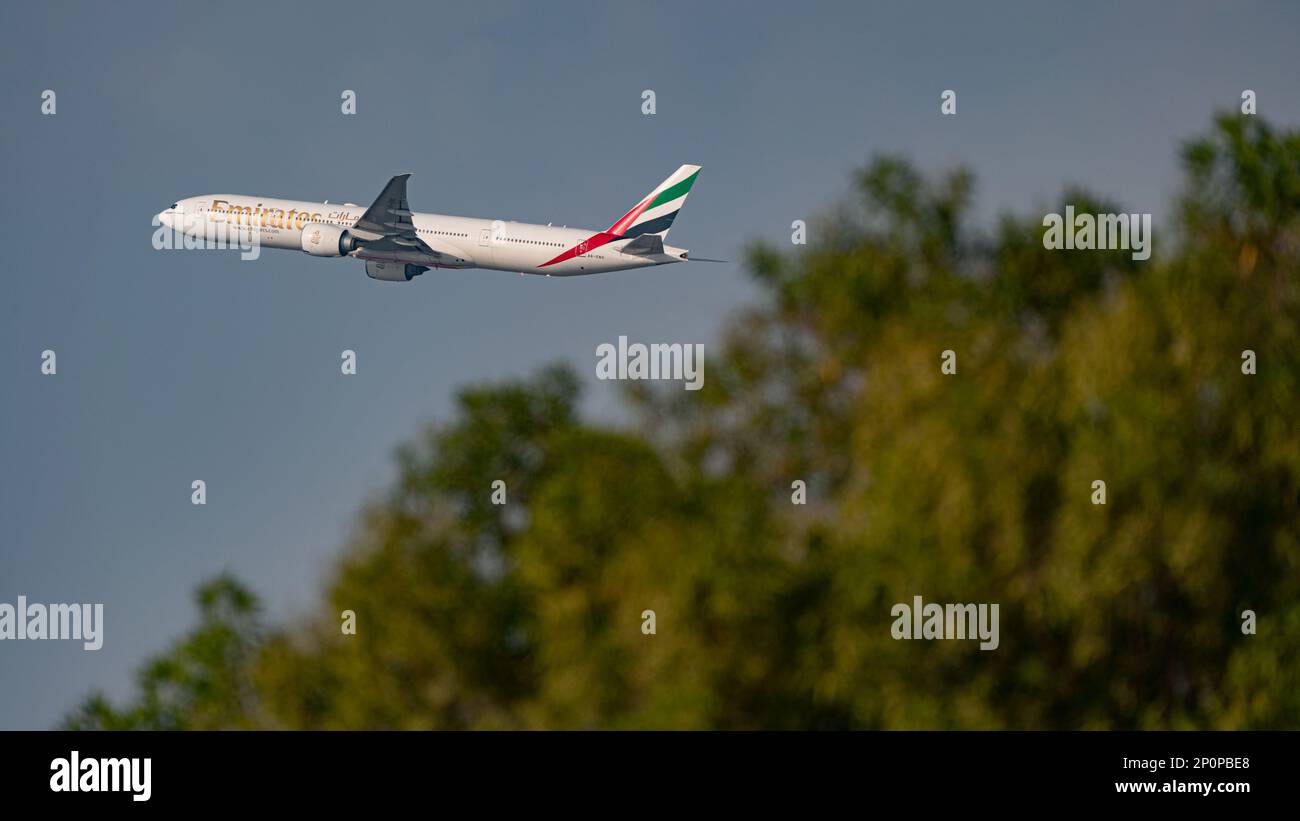 Emirates flight EK125, a Boeing 777 A6-ENO aircraft, takes off from ...