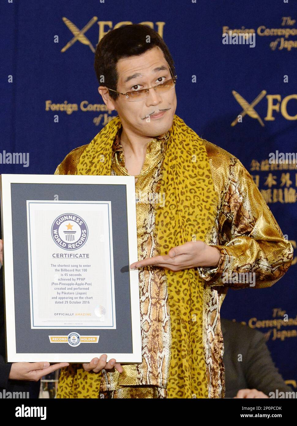 A Japanese singer-songwriter, Pikotaro received the certificate of the Guinness World Records by ...