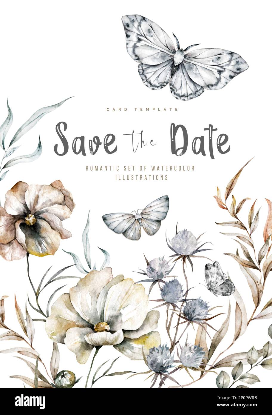 Watercolor butterflies and flowers spring greeting card. Rectangular ...