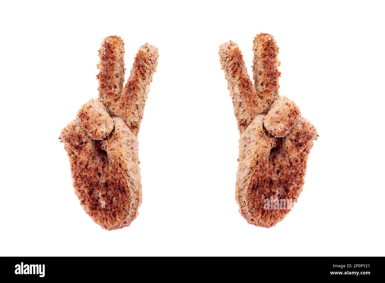 Two bread hands peace sign made from toasted brown bread slice isolated ...