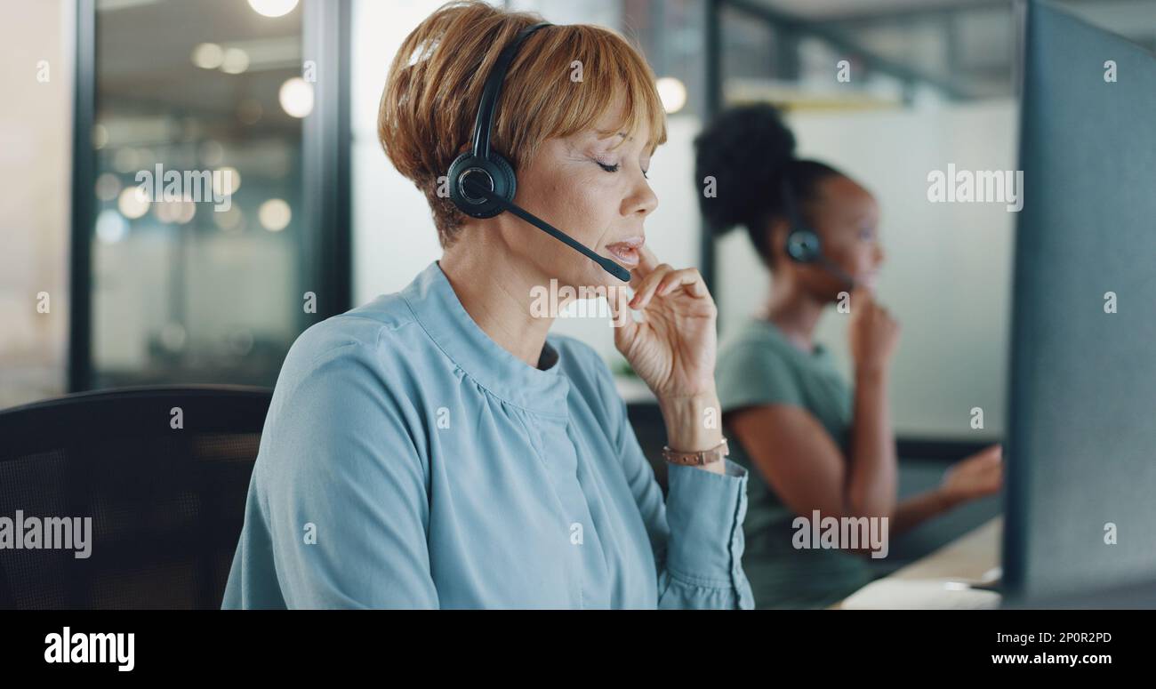 Business, call center and woman with stress, headache and customer ...