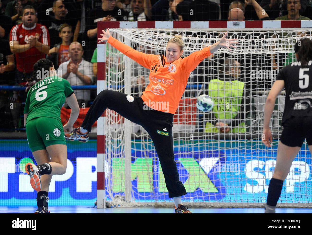 Nadine Schatzl of FTC, left, scores a goal to goalkeeper Kira Trusova ...