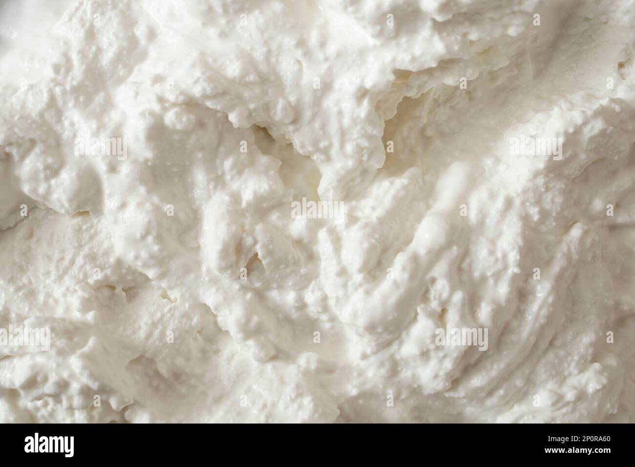 Cottage cheese from free range farm cows, close up texture, soft focus ...