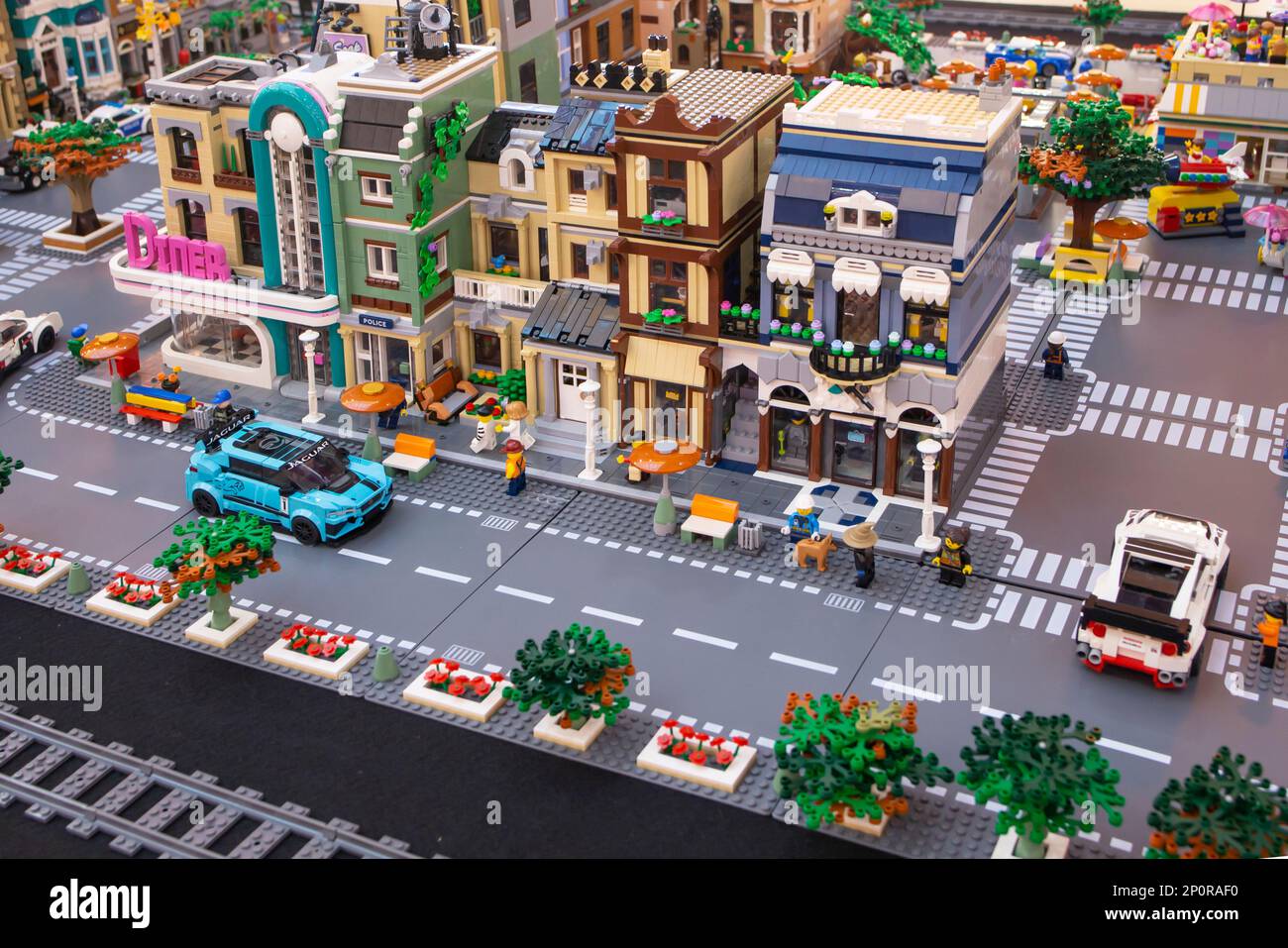 Urban scene with busy street and vintage buildings made from lego ...