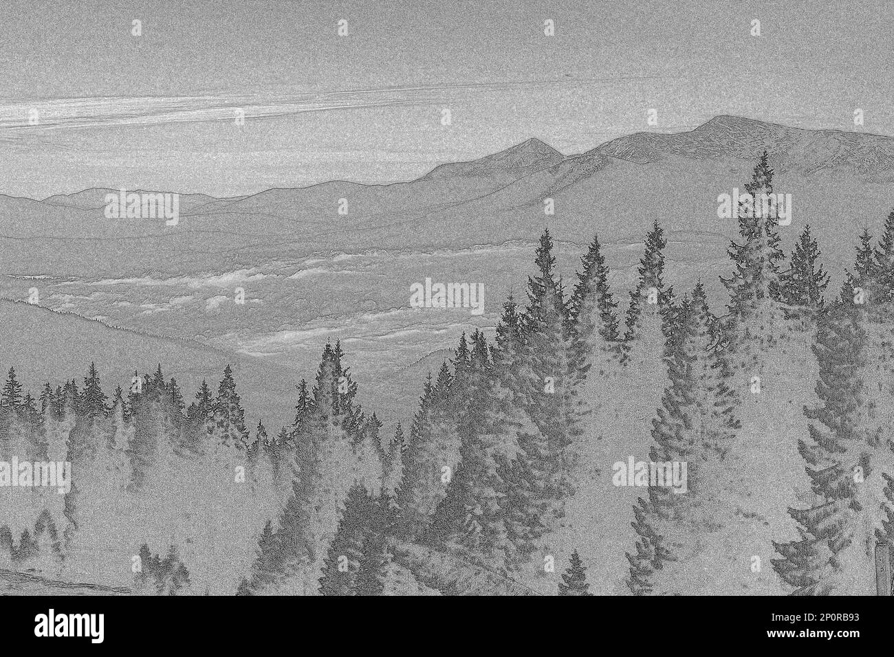 Over clouds view on snow capped mountain ranges engraving hand drawn ...