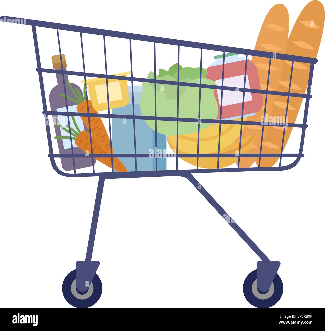 Shopping cart with food from supermarket semi flat color vector object ...