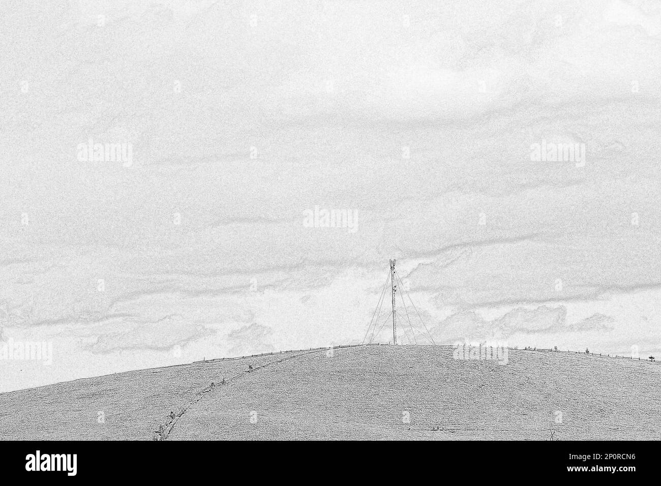 Transmitting station on hill and heavy clouds engraving hand drawn ...