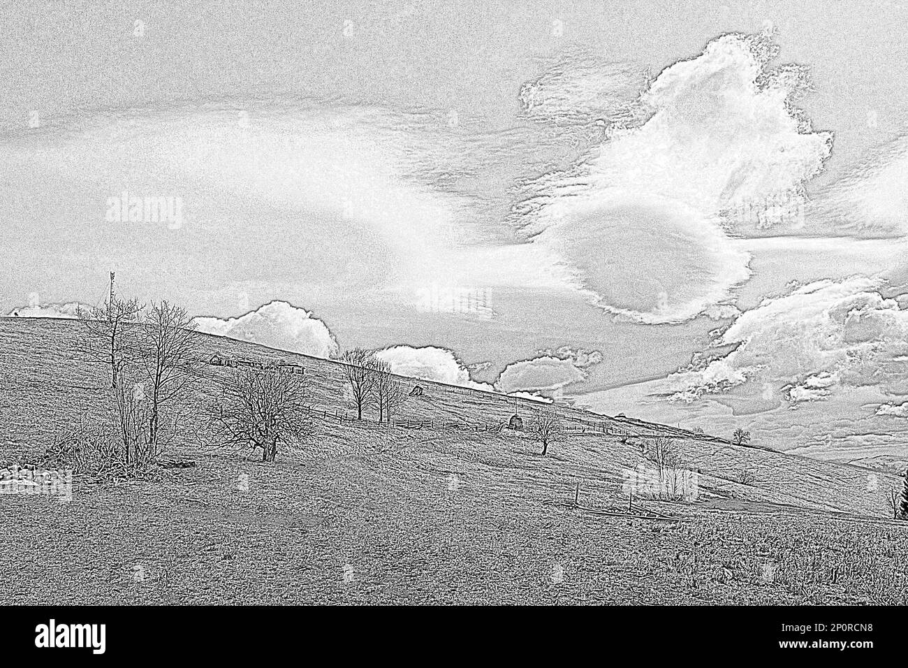 Old farm on steep slope engraving hand drawn sketch Stock Photo - Alamy