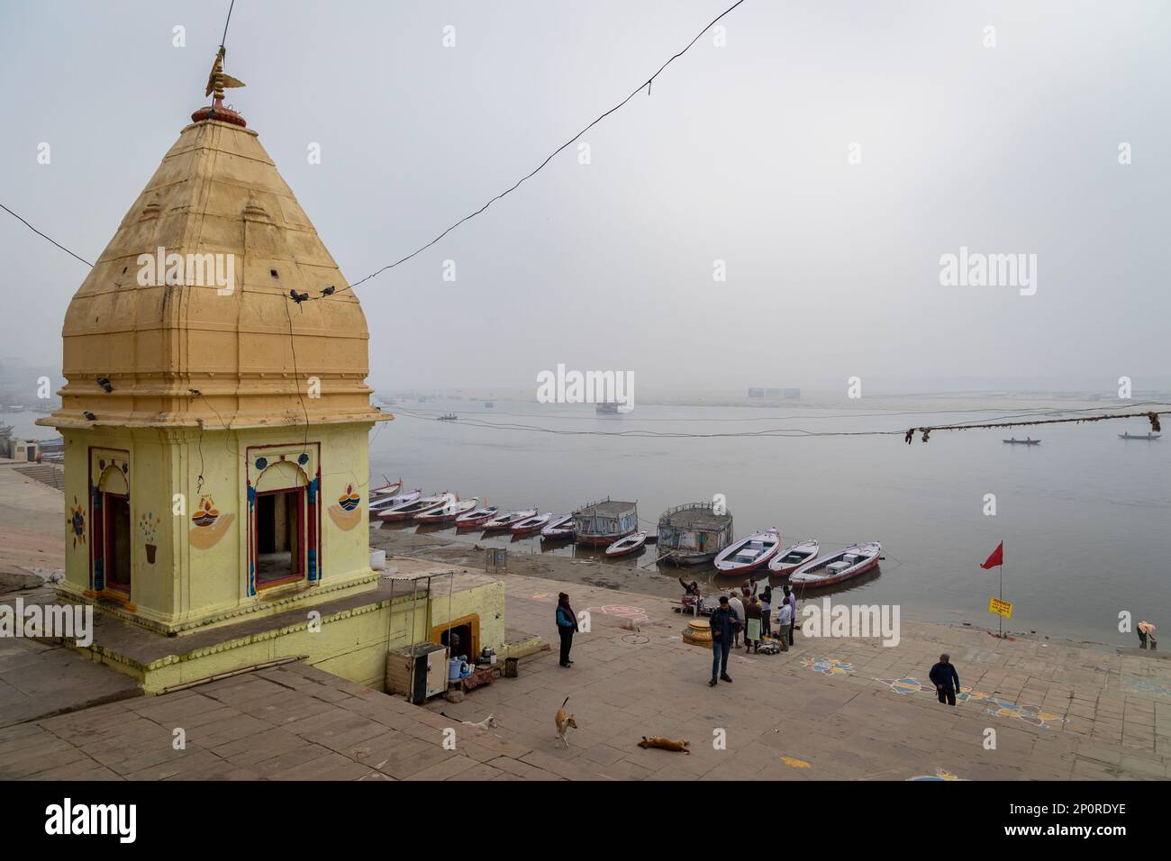 Ancient Varanasi India city architecture with view of Ganges river ghat ...