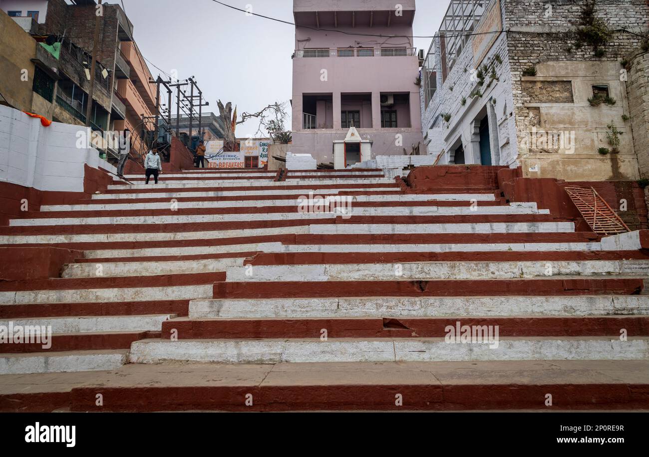 Ancient Varanasi India city architecture with view of Ganges river ghat ...