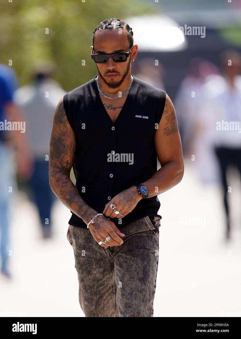 Mercedes' Lewis Hamilton arrives ahead of the Bahrain Grand Prix, free ...