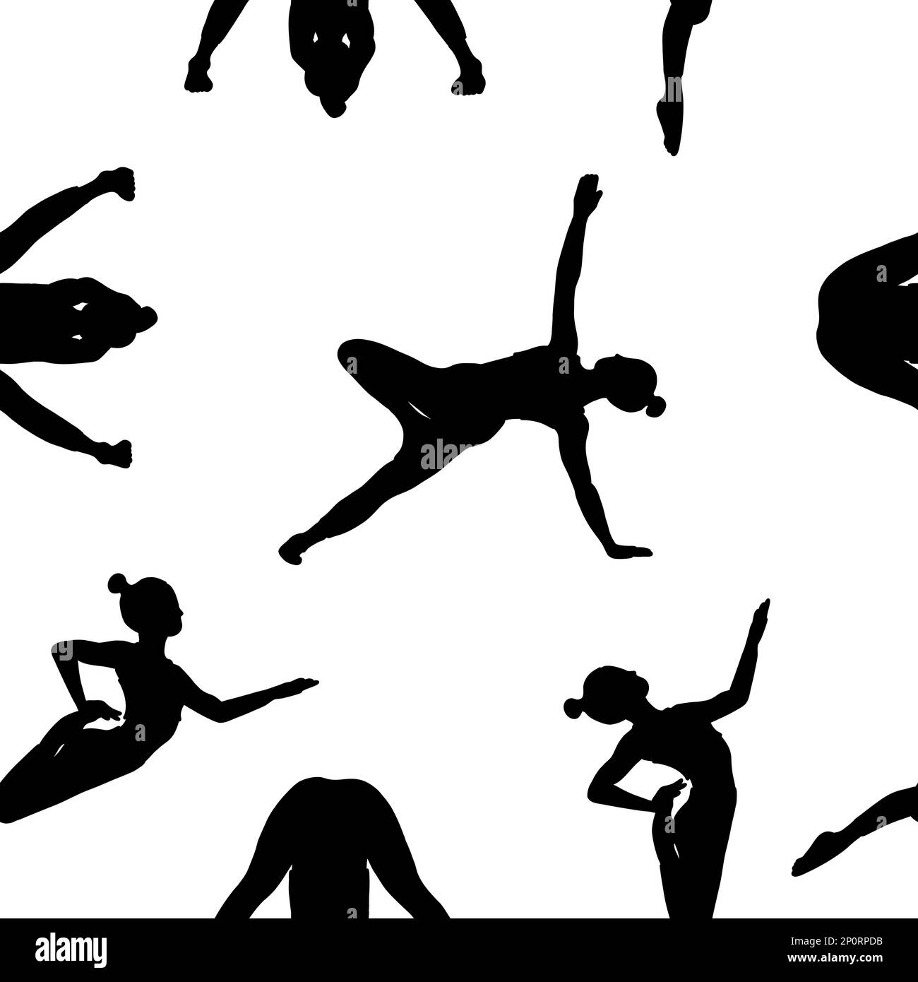 Yoga poses seamless pattern. Black shadow. Female woman girl. Vector ...