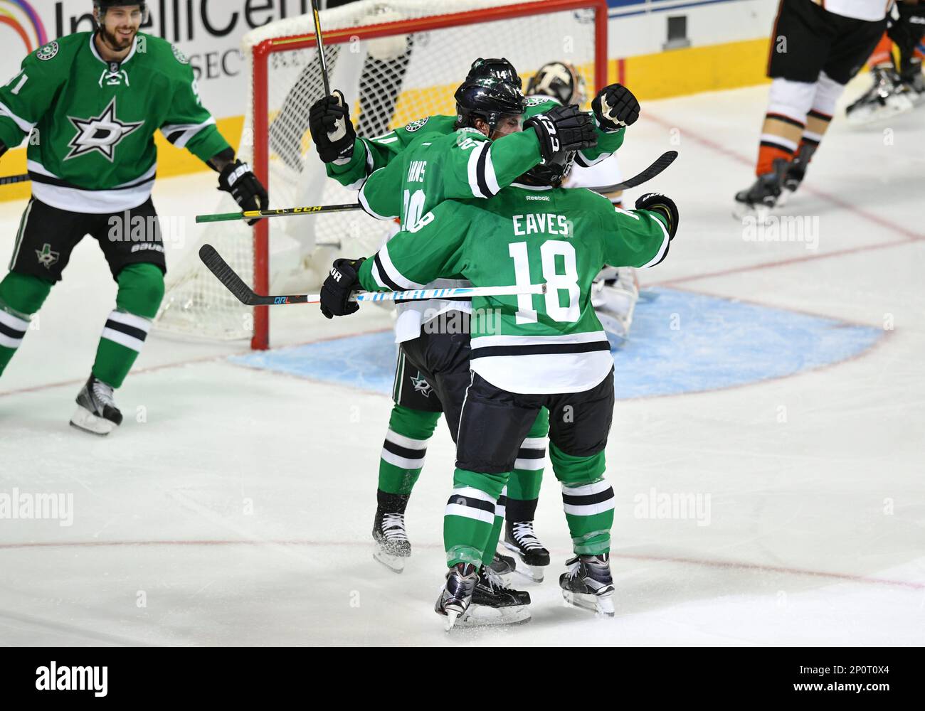 Dallas Stars defenseman Stephen Johns (28) scores as he celebrates with ...