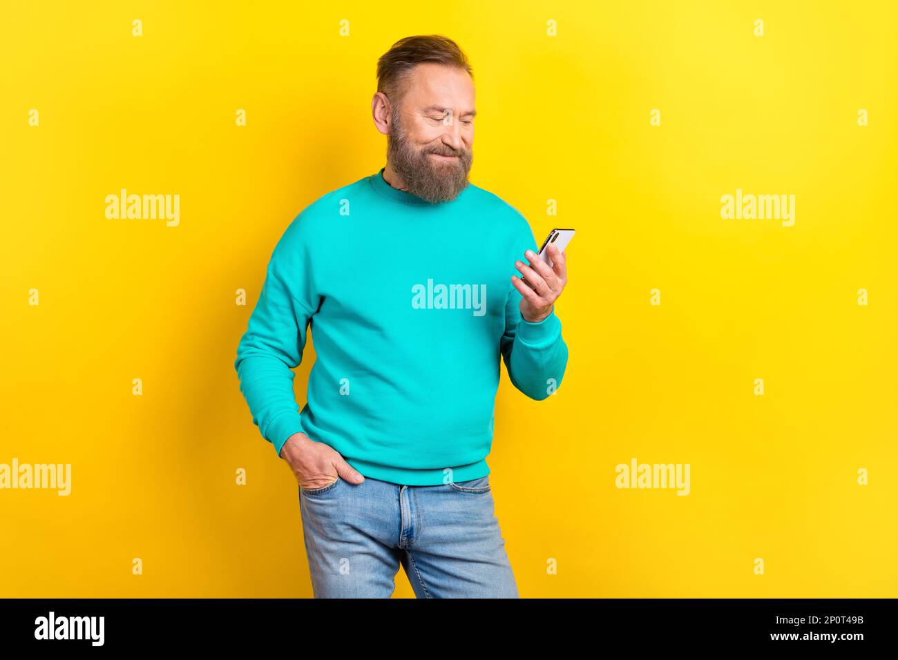 Photo of successful groomed gentleman wear trendy cyan outfit buy use ...