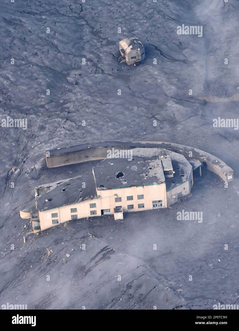 An aerial picture shows a big hole of the roof of the ropeway station ...