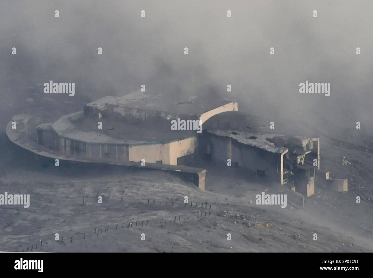 An aerial picture shows a big hole of the roof of the ropeway station ...