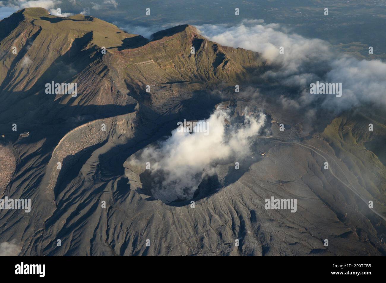 An aerial picture shows Mt. Aso contiuing to discharge volcanic smoke ...
