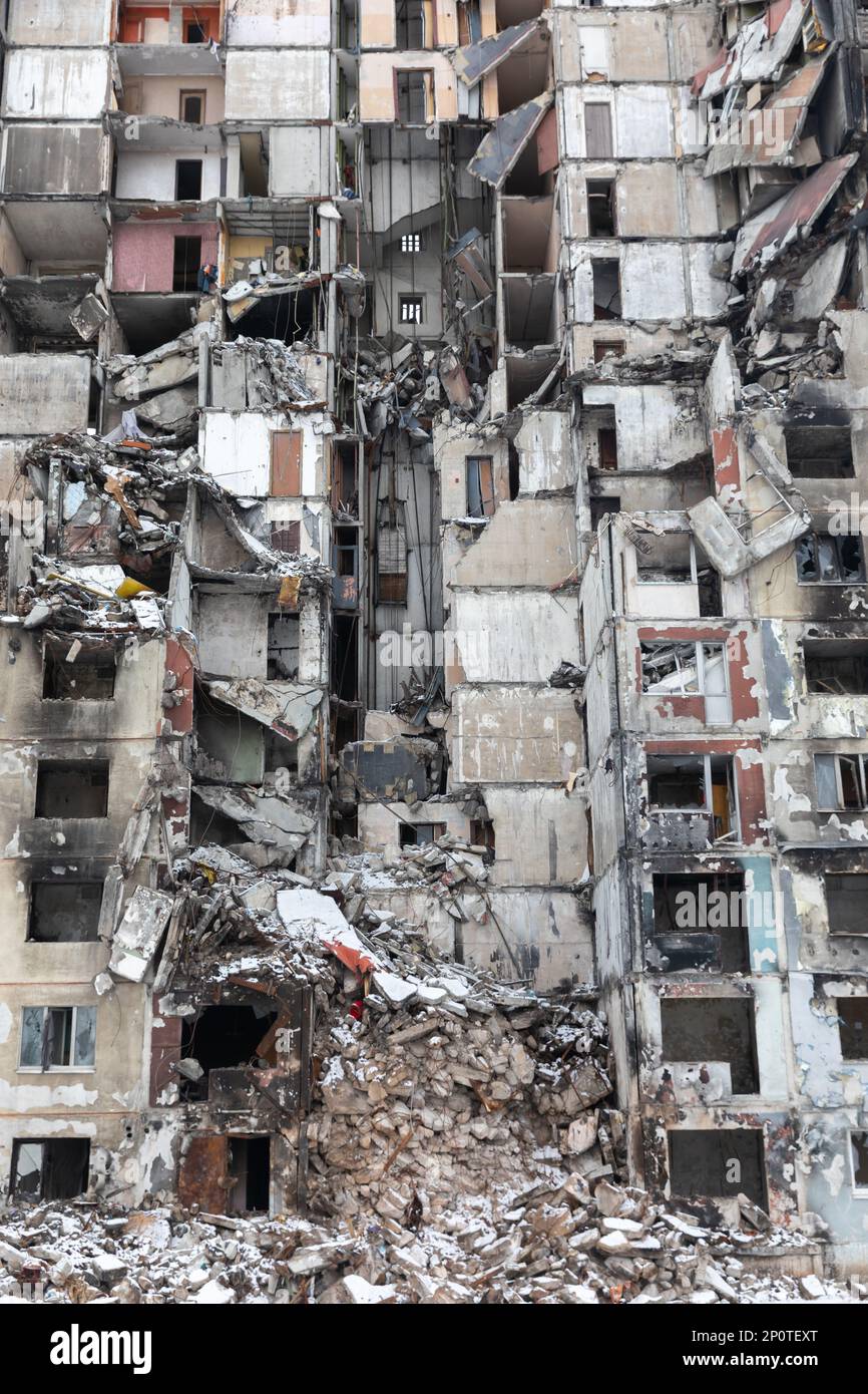 KHARKIV, UKRAINE - Mar. 02, 2023: The scars of war in Ukraine. Destroyed apartment building ...