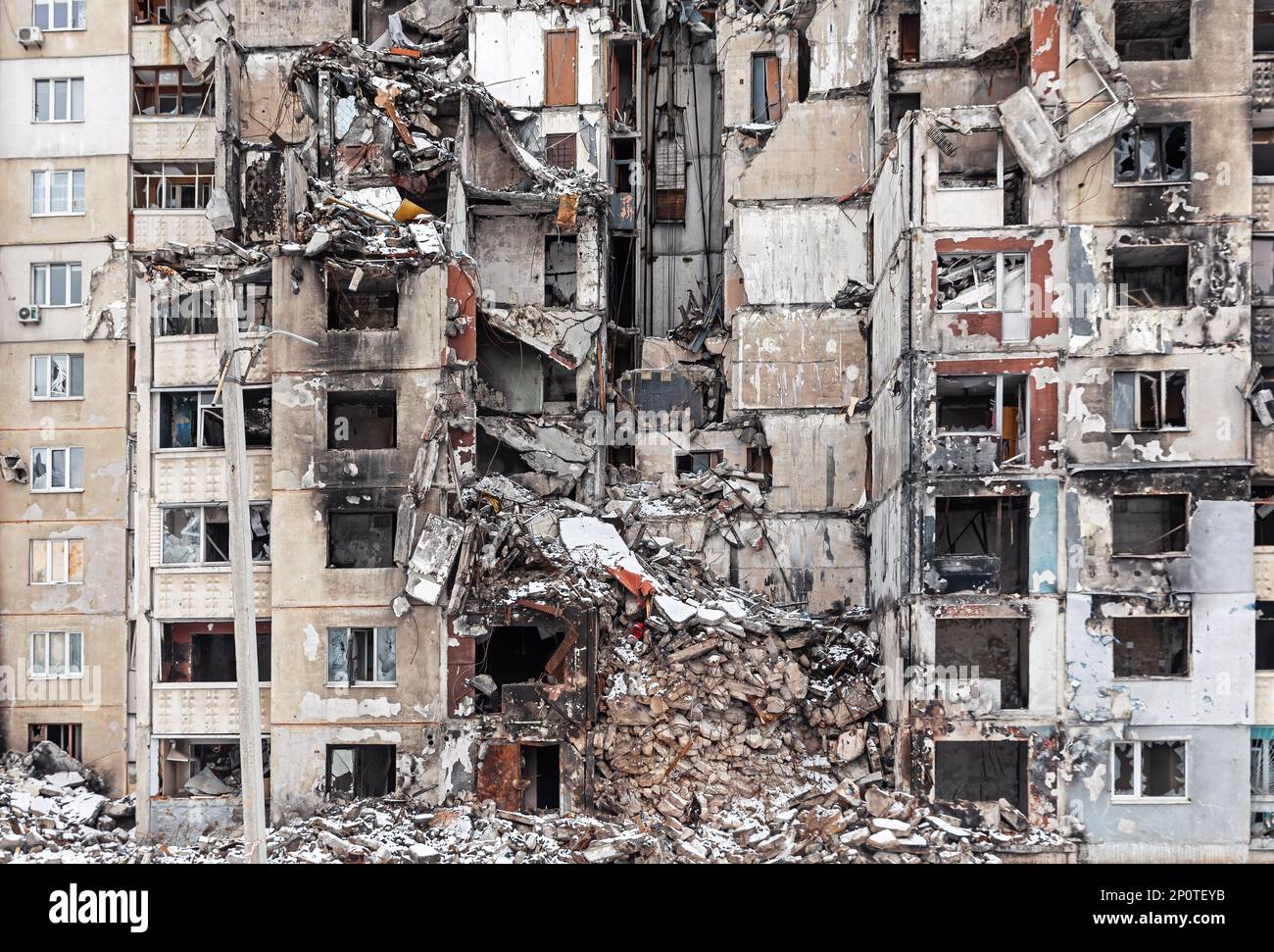 KHARKIV, UKRAINE - Mar. 02, 2023: The scars of war in Ukraine. Destroyed apartment building ...