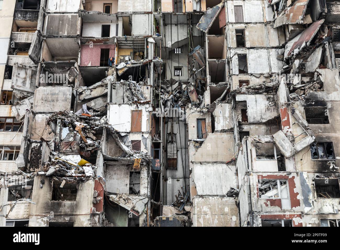 KHARKIV, UKRAINE - Mar. 02, 2023: The scars of war in Ukraine. Destroyed apartment building ...