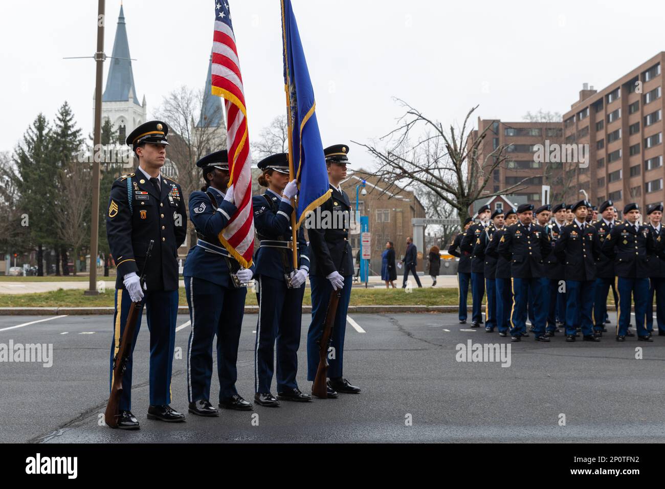 A Connecticut National Guard color guard, comprised of service members ...