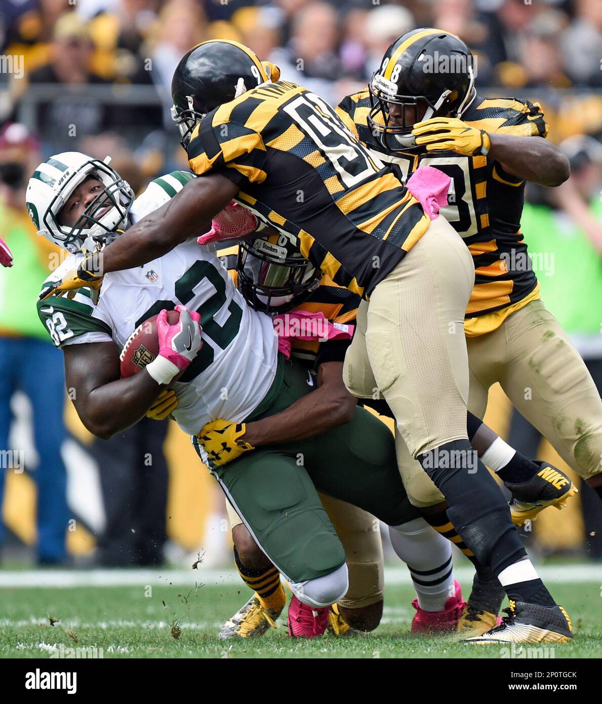 New York Jets tight end Brandon Bostick (82) is tackled by Pittsburgh ...