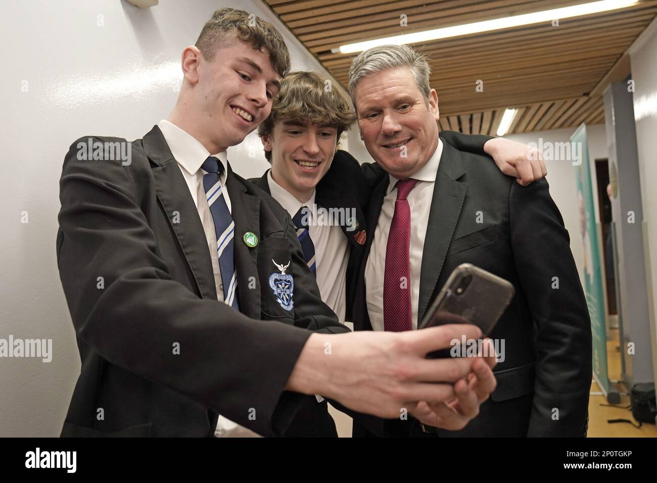 Labour leader Sir Keir Starmer poses for a selfie with students during ...