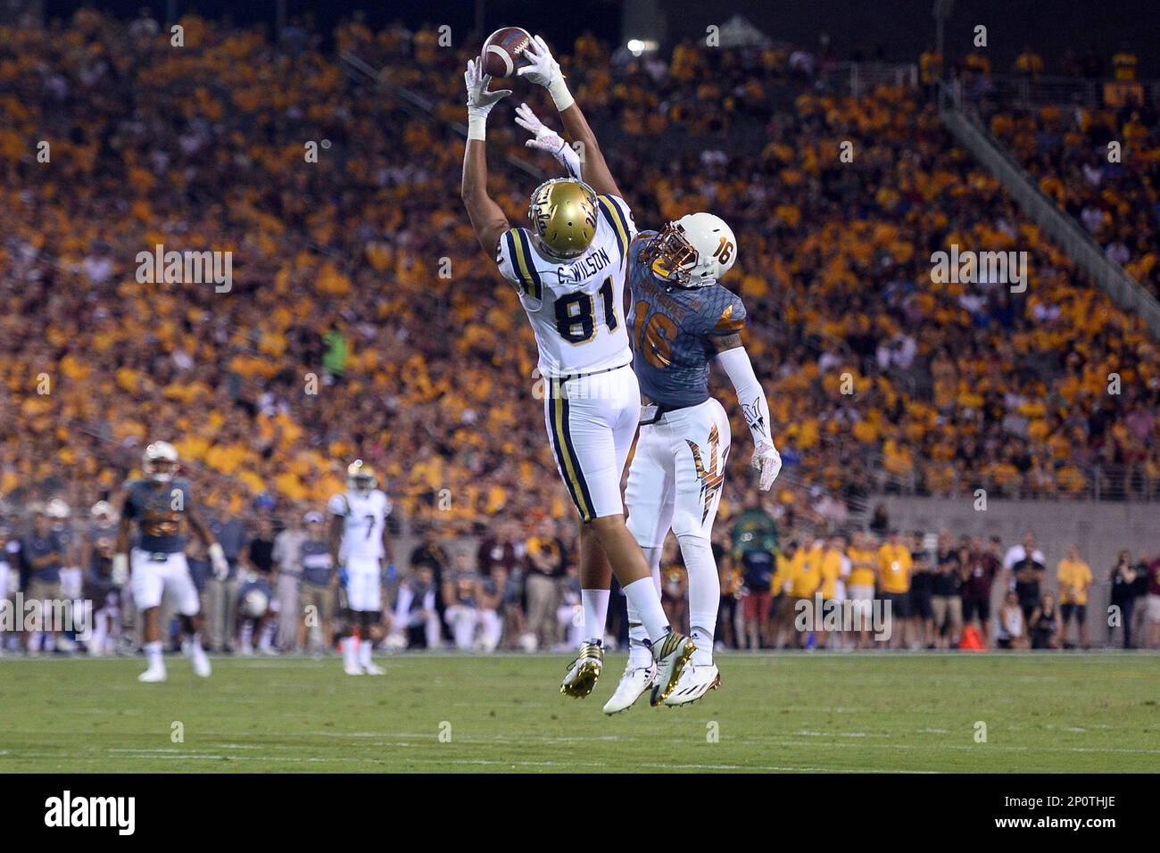 Oct 8, 2016; UCLA Bruins tight end Caleb Wilson (81) is unable to make ...