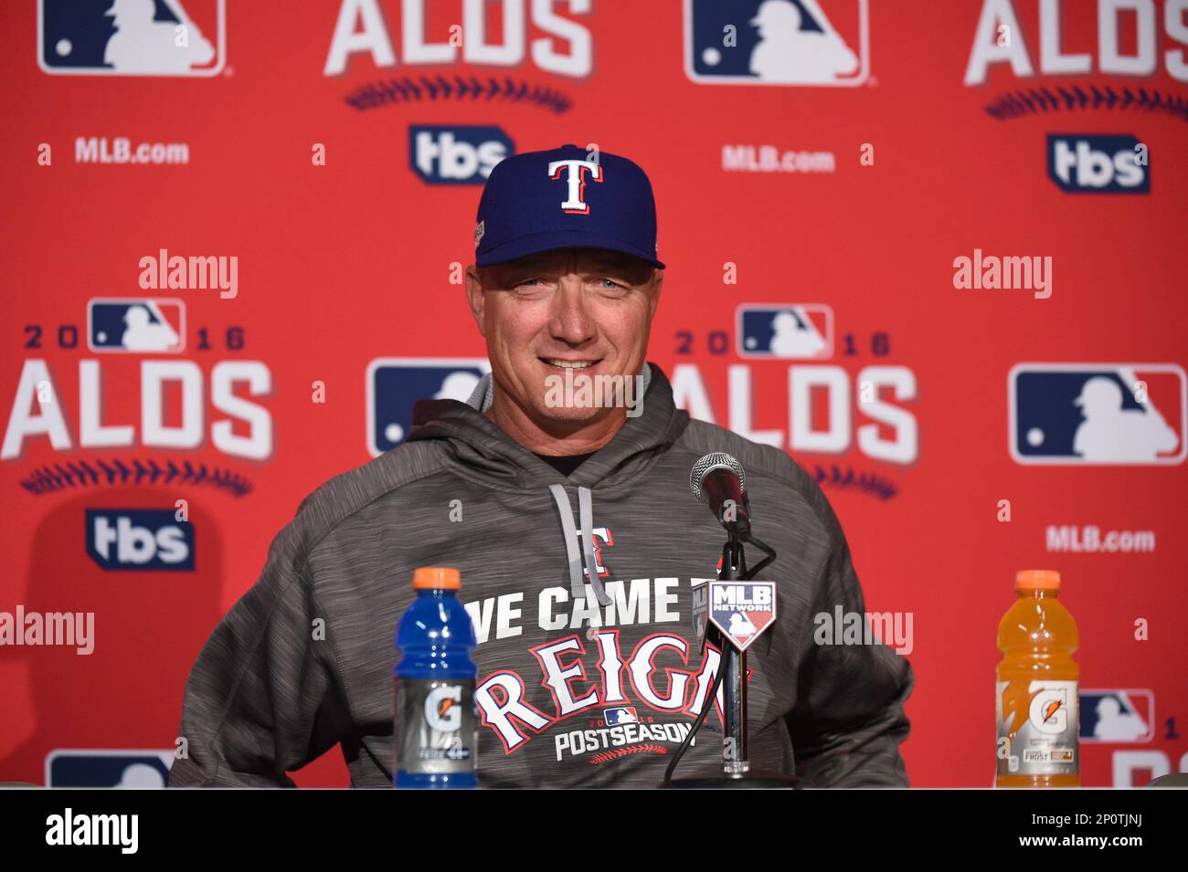Texas Rangers manager Jeff Banister answers question during a news ...
