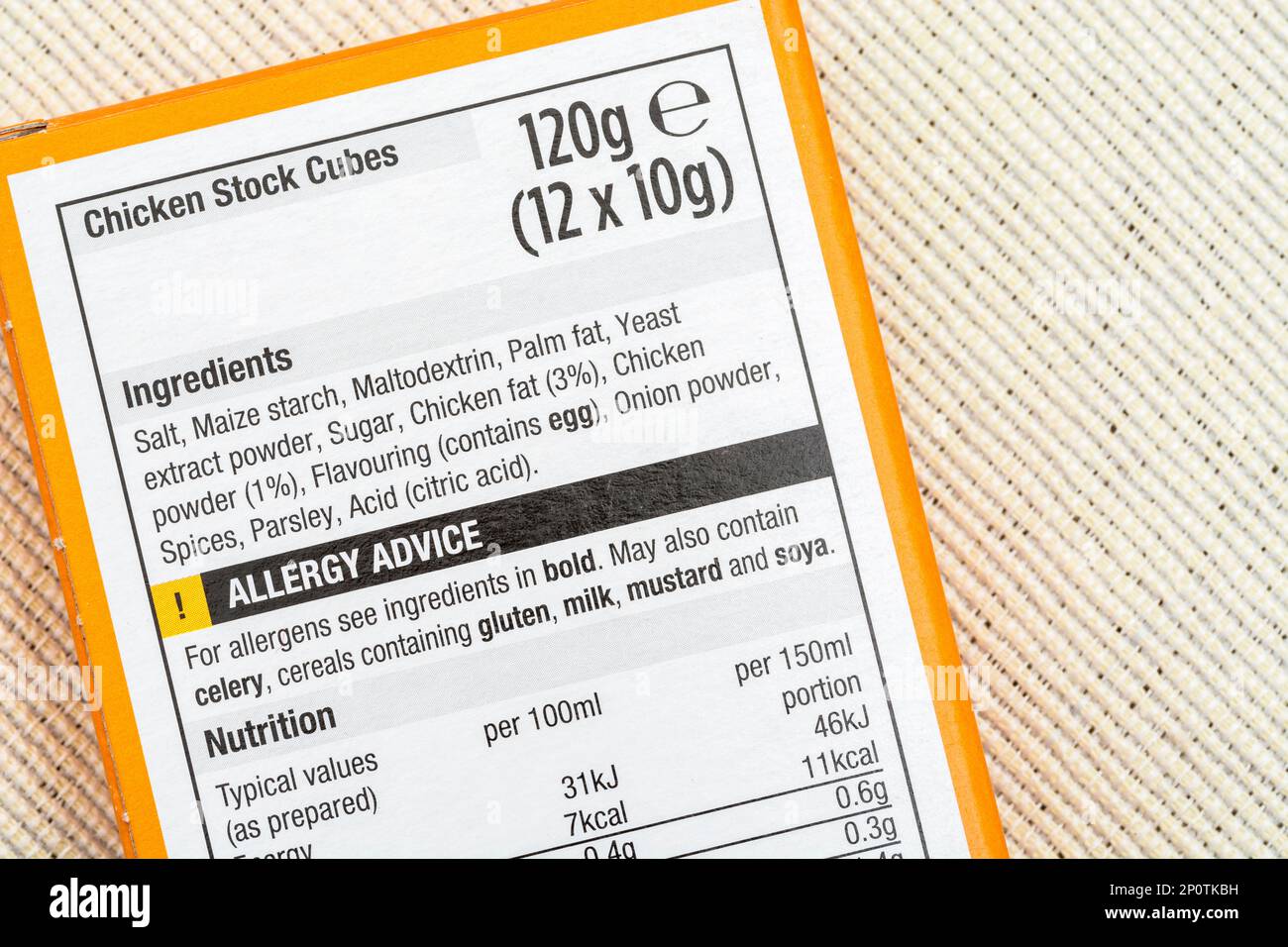 Close shot of food ingredient list & allergy warning label on a packet ...