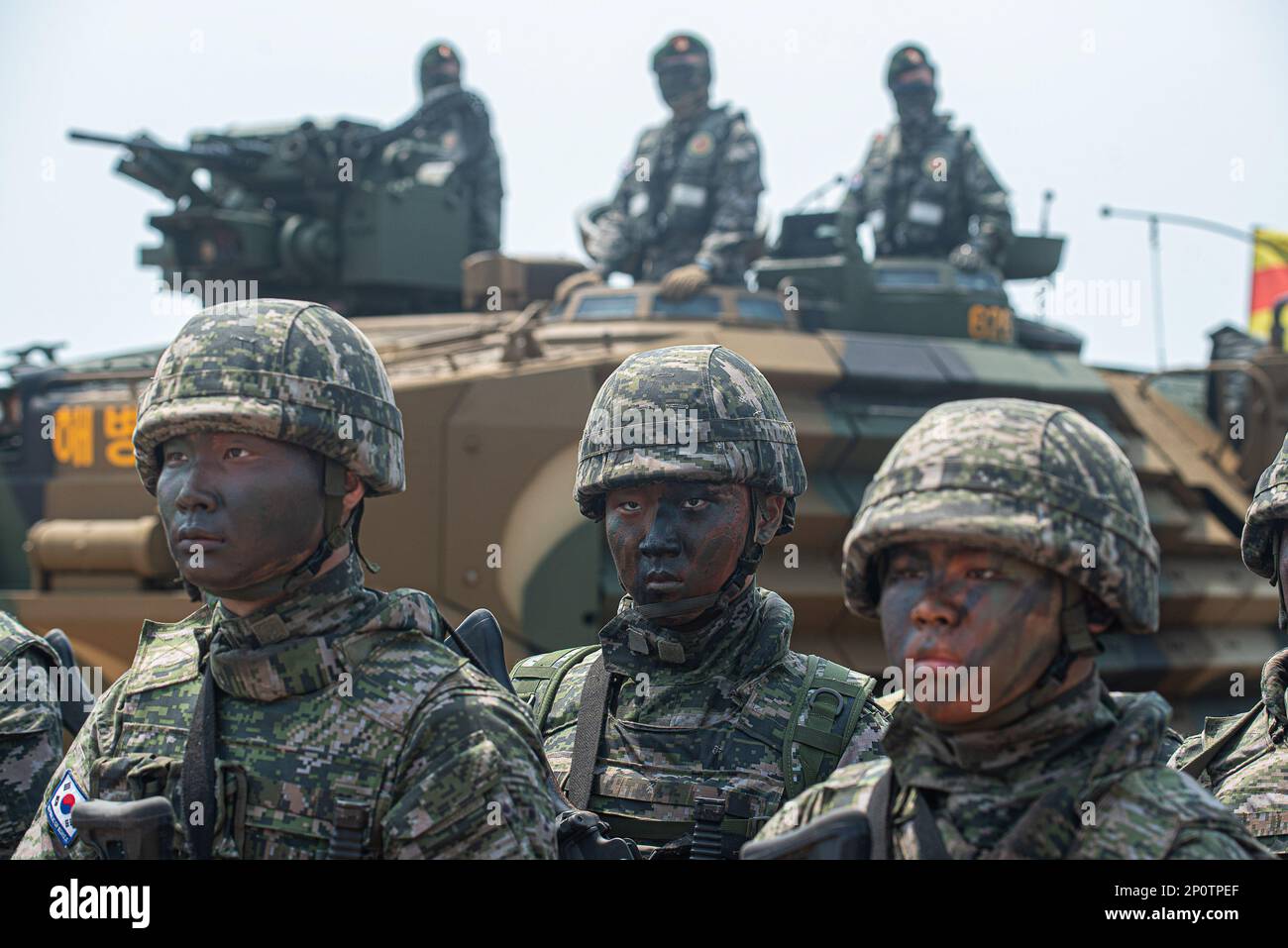 South Korean marines participate in an amphibious assault exercise as ...