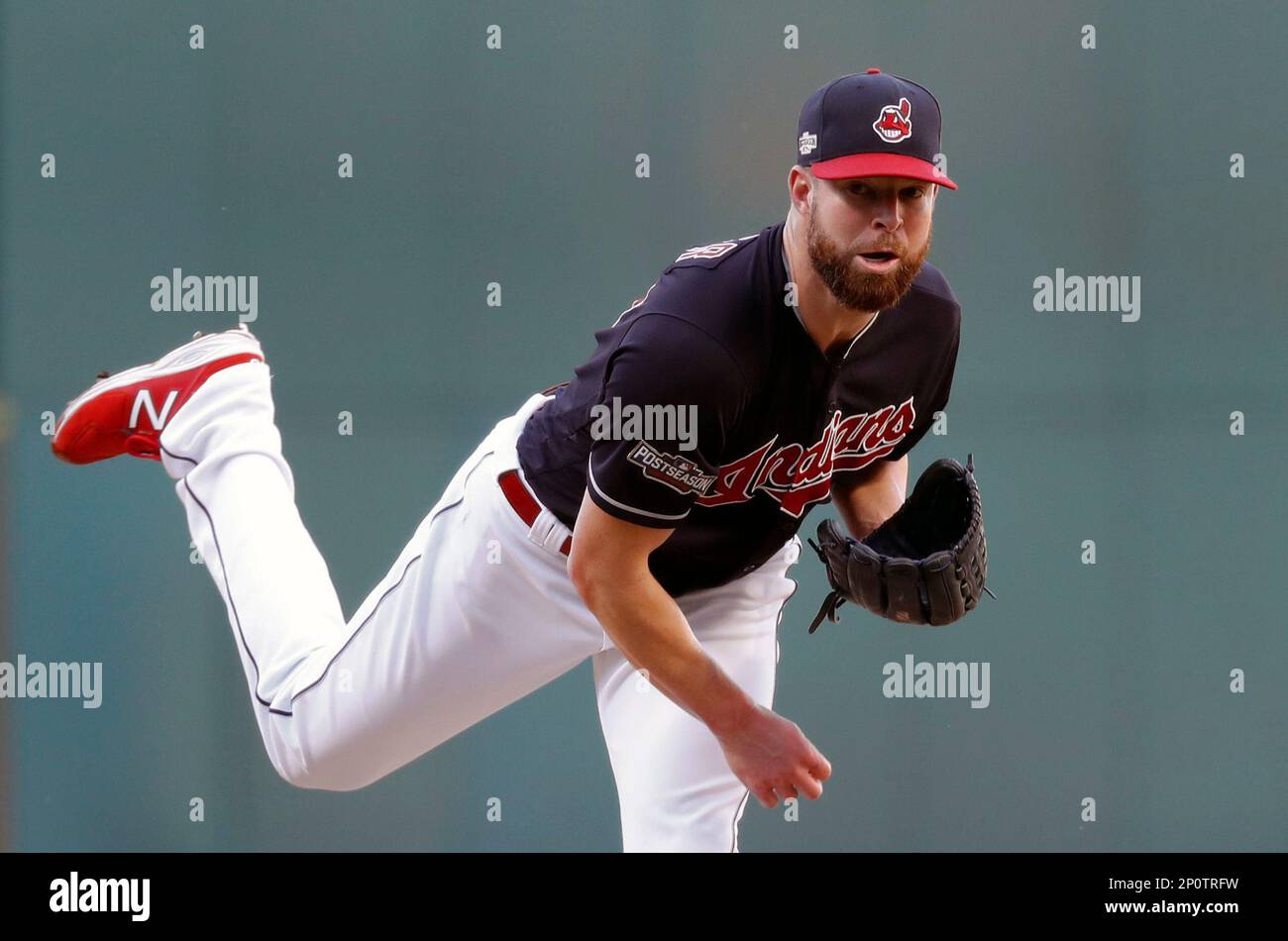 Cleveland Indians pitcher Corey Kluber throws against the Boston Red ...