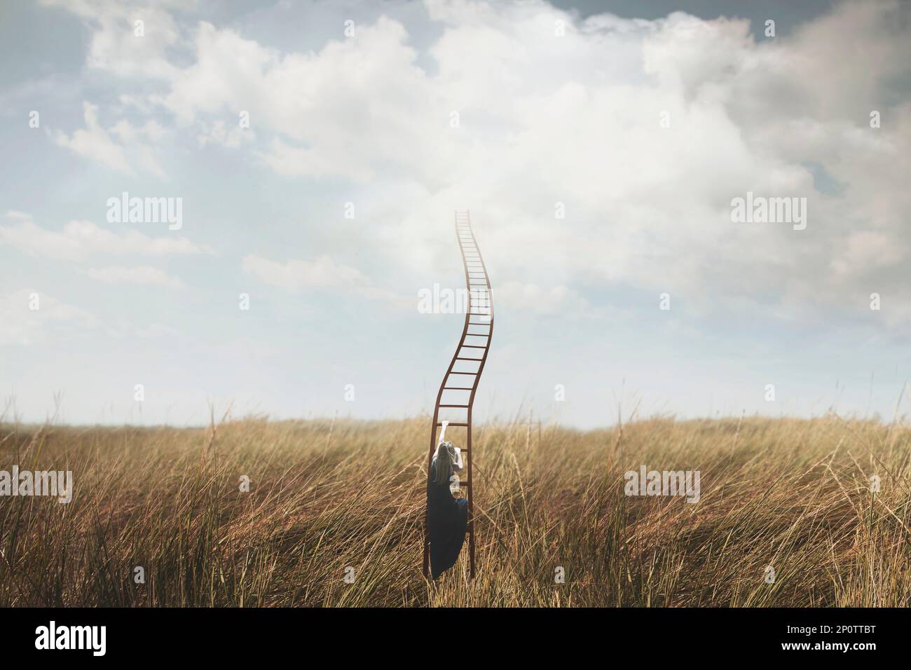 surreal moment of a woman climbing a long ladder leading to the sky in ...