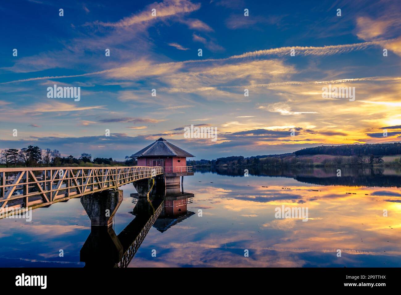 View over Cropston reservoir and the draw off tower and gantry ...