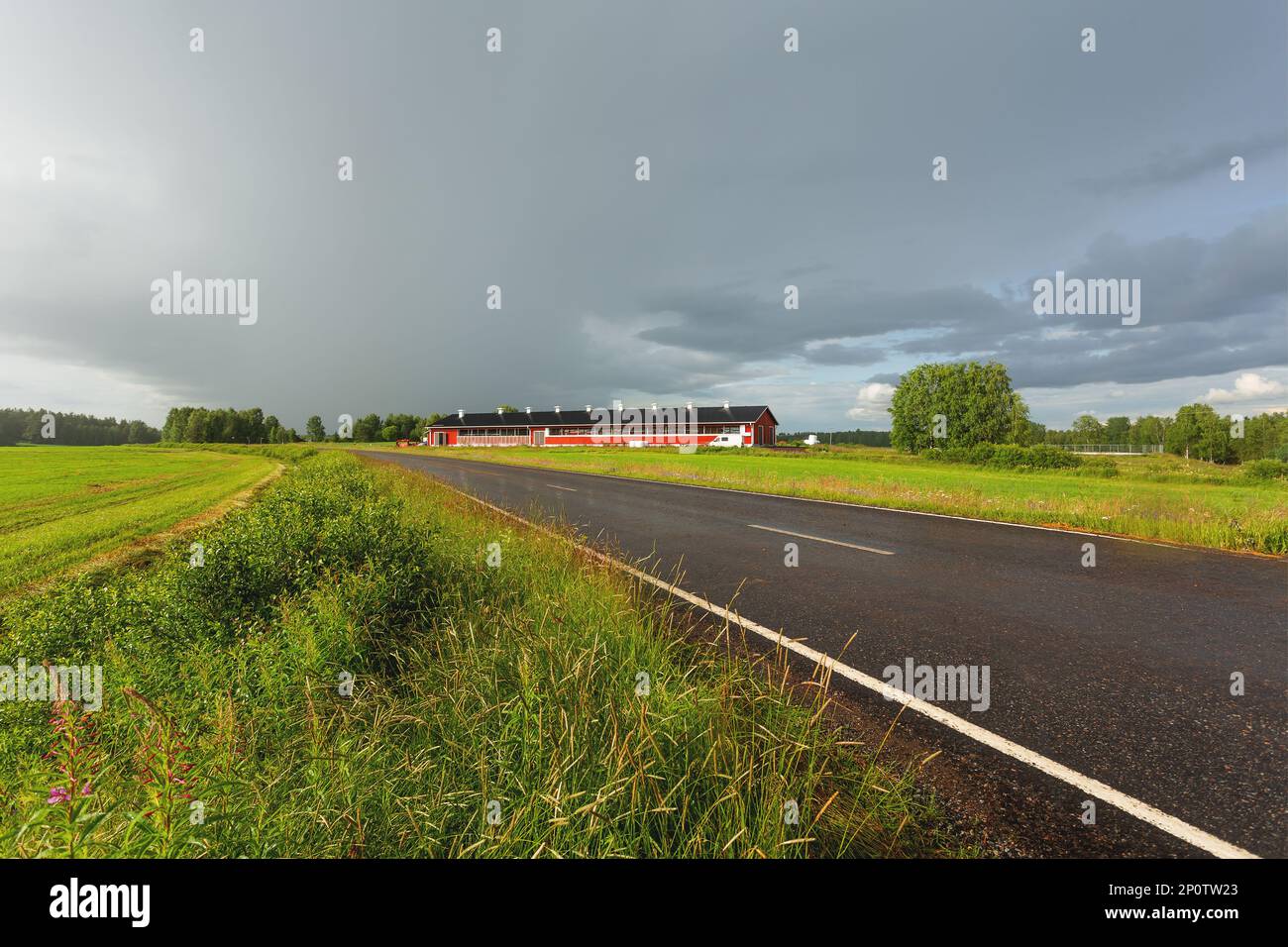 Beautiful scandinavian landscape with meadows and village. Rovaniemi ...