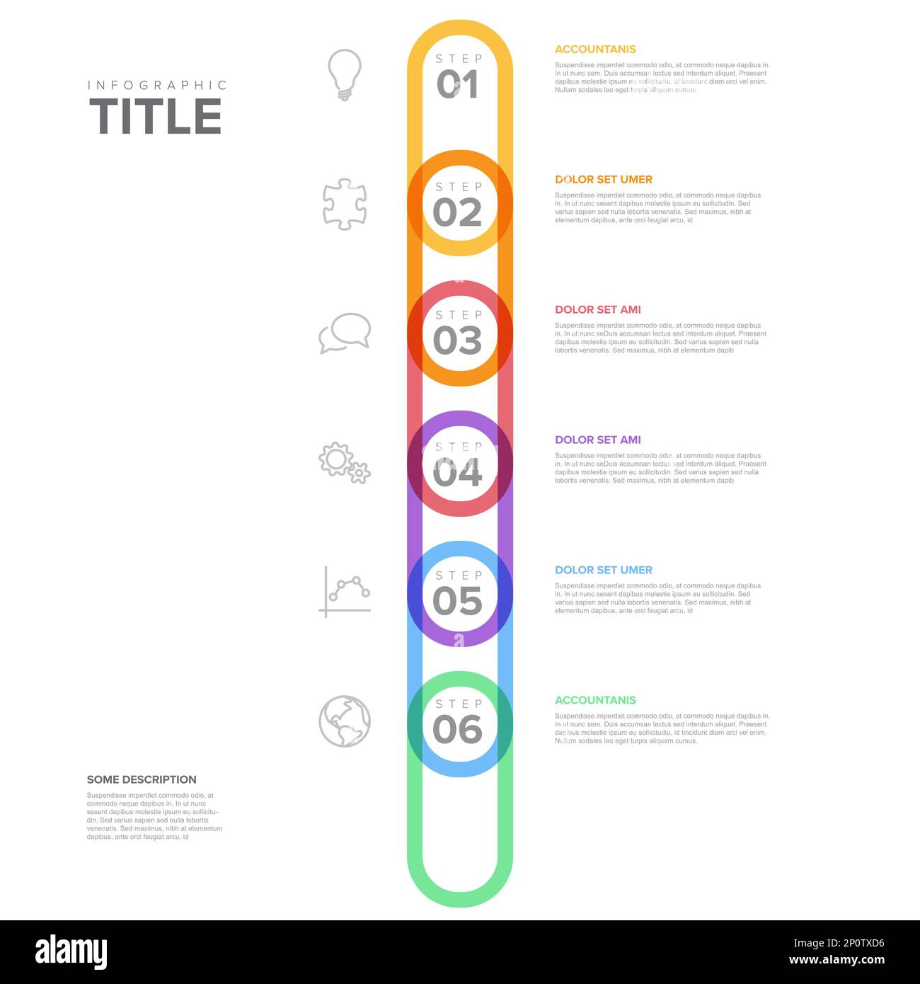 Six vector rounded vertical progress steps template with numbers, icons ...