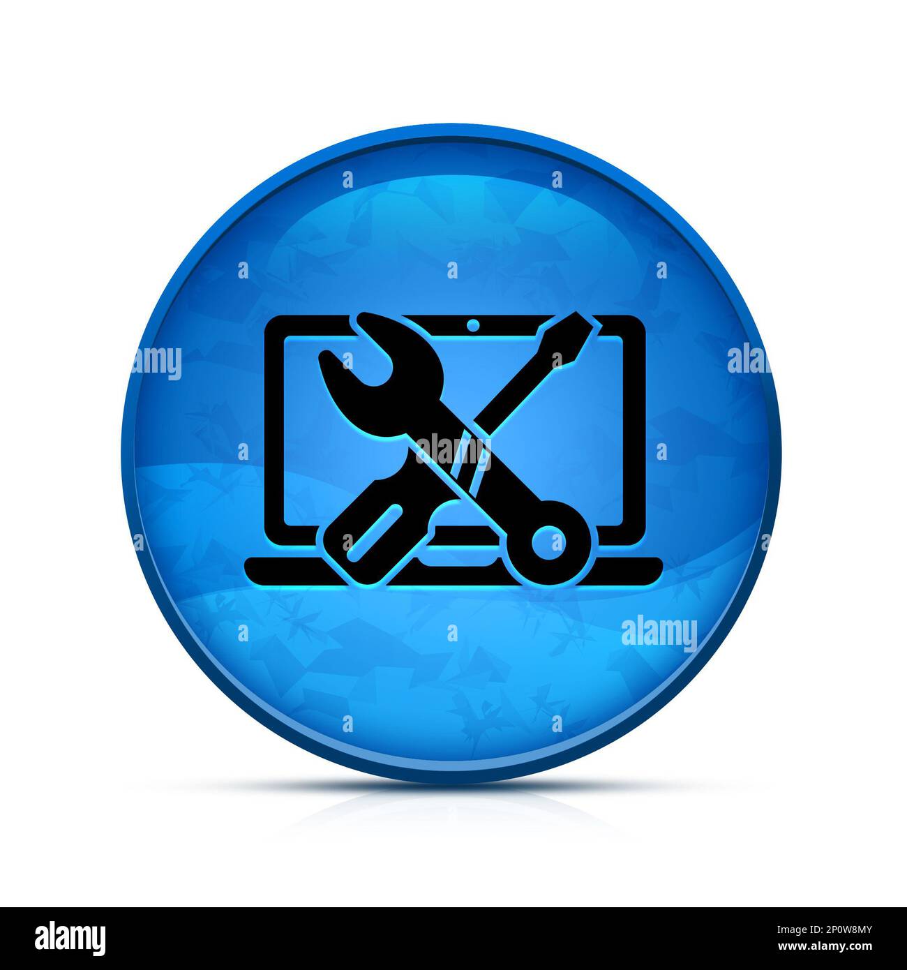 Repair computer icon on classy splash blue round button Stock Photo - Alamy