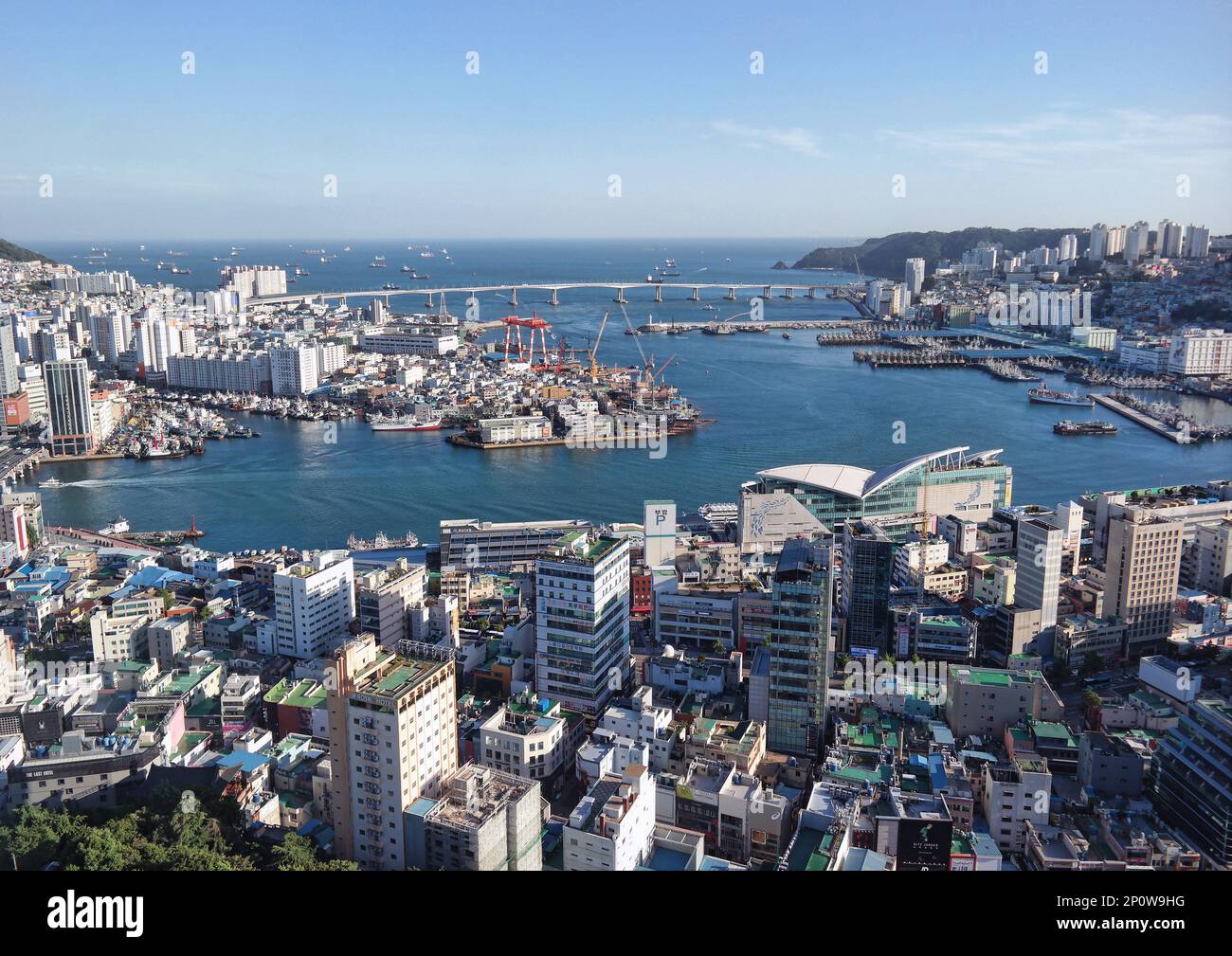 Busan, South Korea - May 2019: Aerial view of the Busan Harbour ...