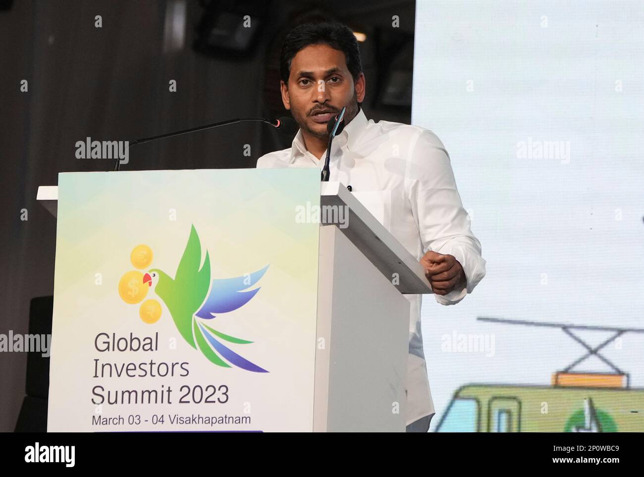 Chief Minister of Andhra Pradesh state Y S Jagan Mohan Reddy speaks during the Global Investors ...