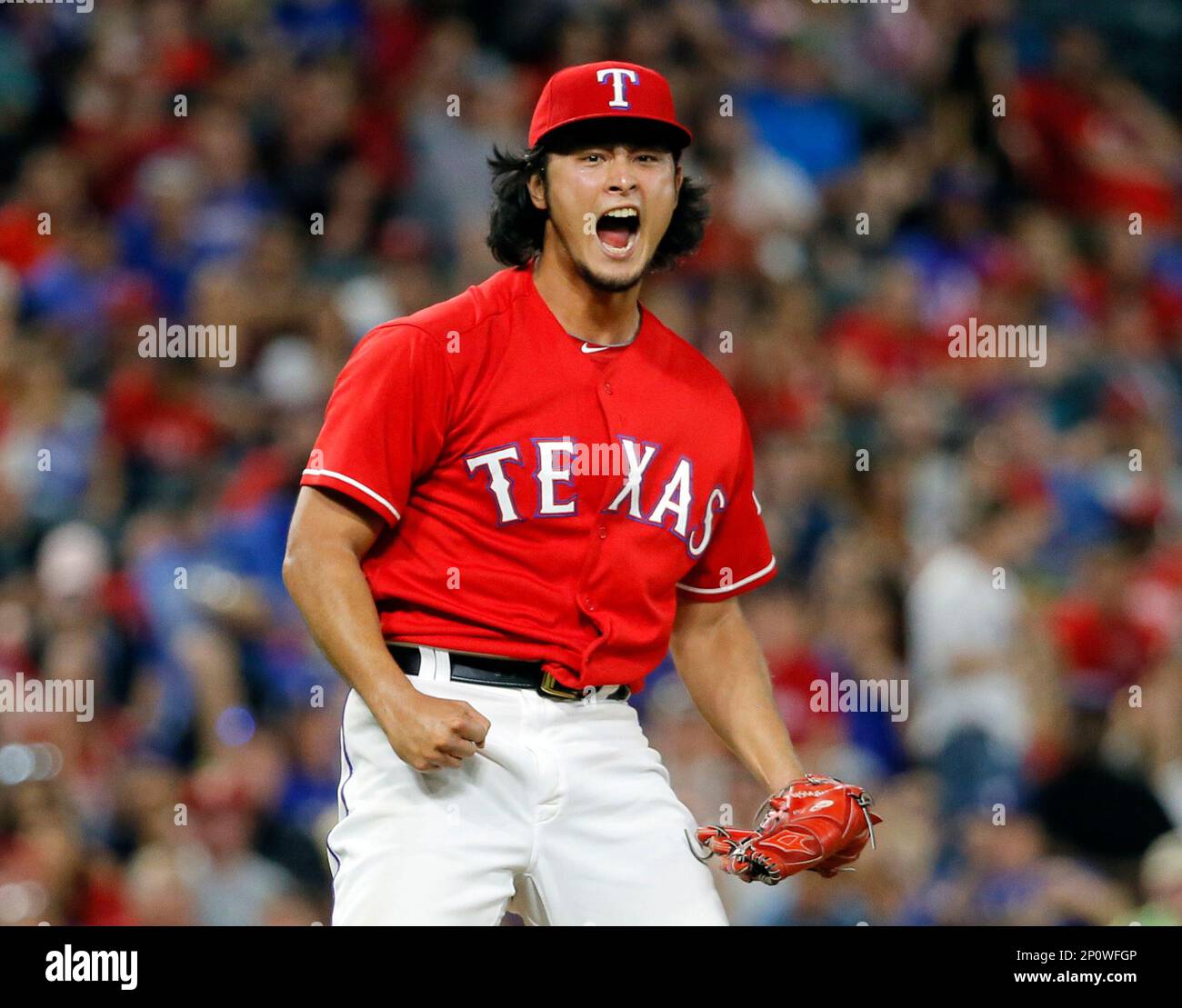 Texas Rangers starting pitcher Yu Darvish celebrates after getting ...