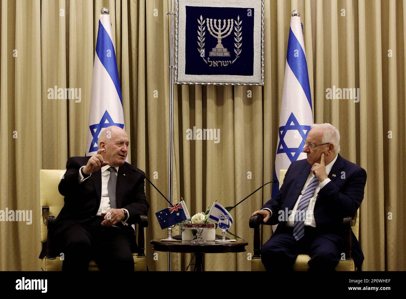 Israeli President Reuven Rivlin, right, meets with Governor-General of Australia Peter Cosgrove ...