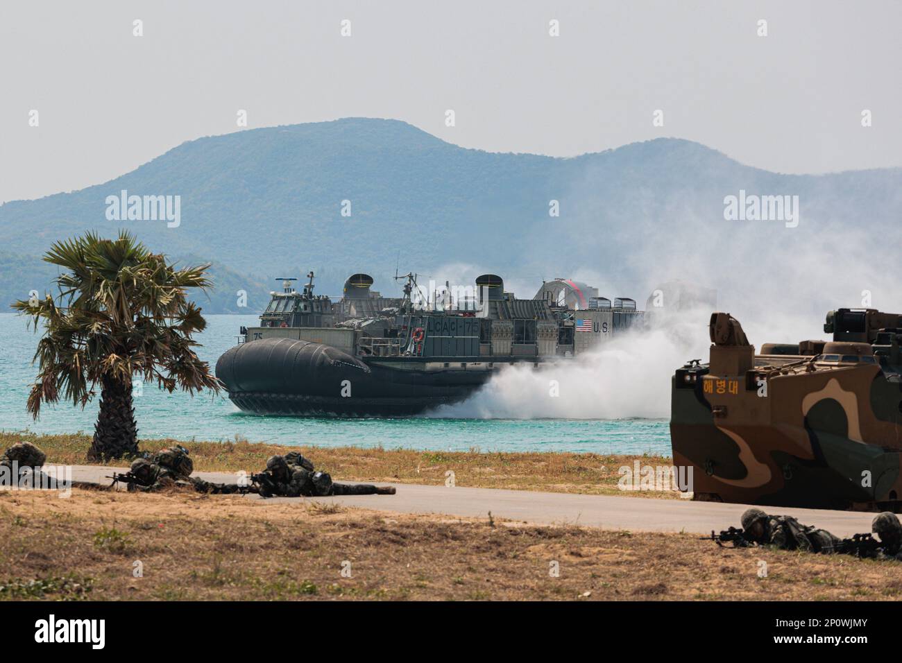 US marines hovercraft seen landing on the beach during the joint ...