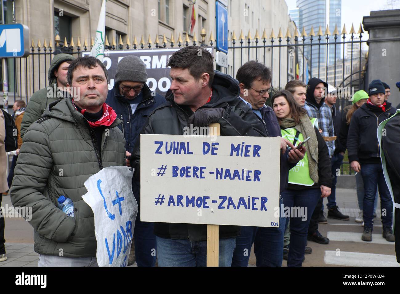 Brussels, 03 March 2023. Illustration picture shows men with a sign ...