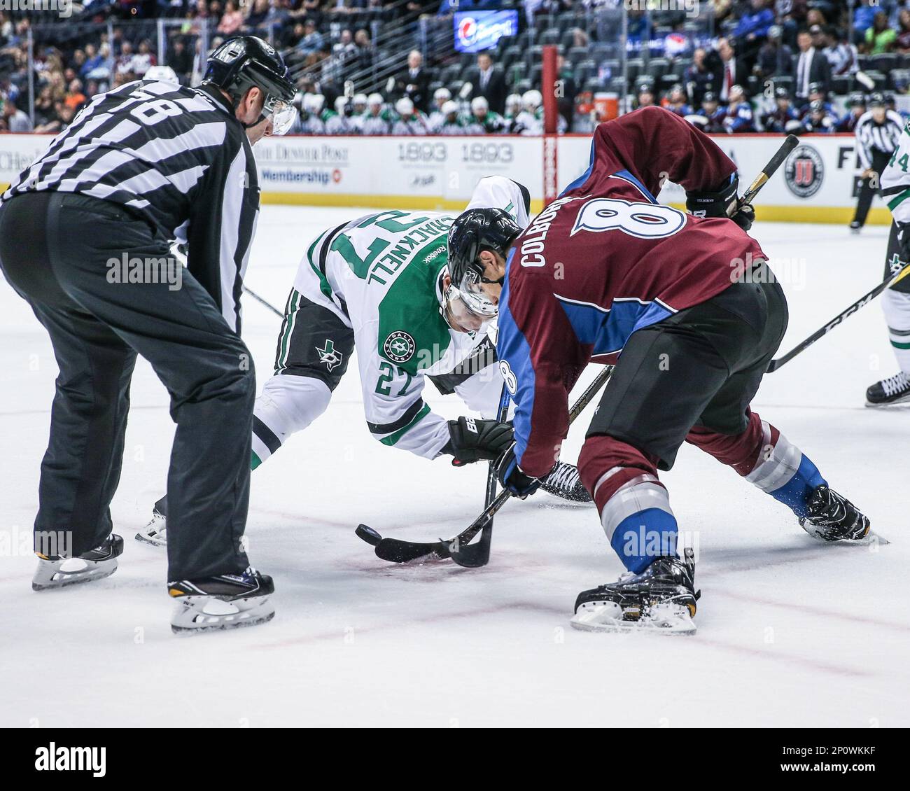 September 28, 2016: Colorado Avalanche center Joe Colborne (8) faces ...