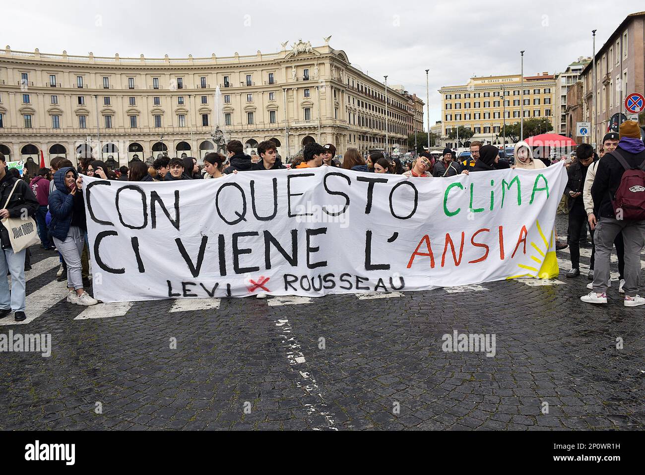 Rome, Italy. 03 march 2023. Protesters hold a banner expressing their ...
