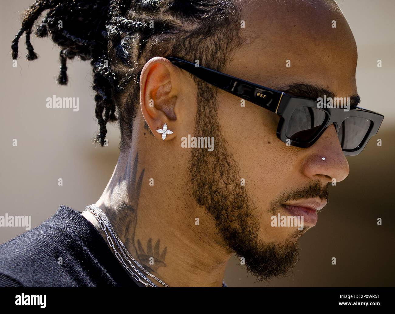 BAHRAIN - 03/03/2023, Lewis Hamilton (Mercedes) arrives for the first ...